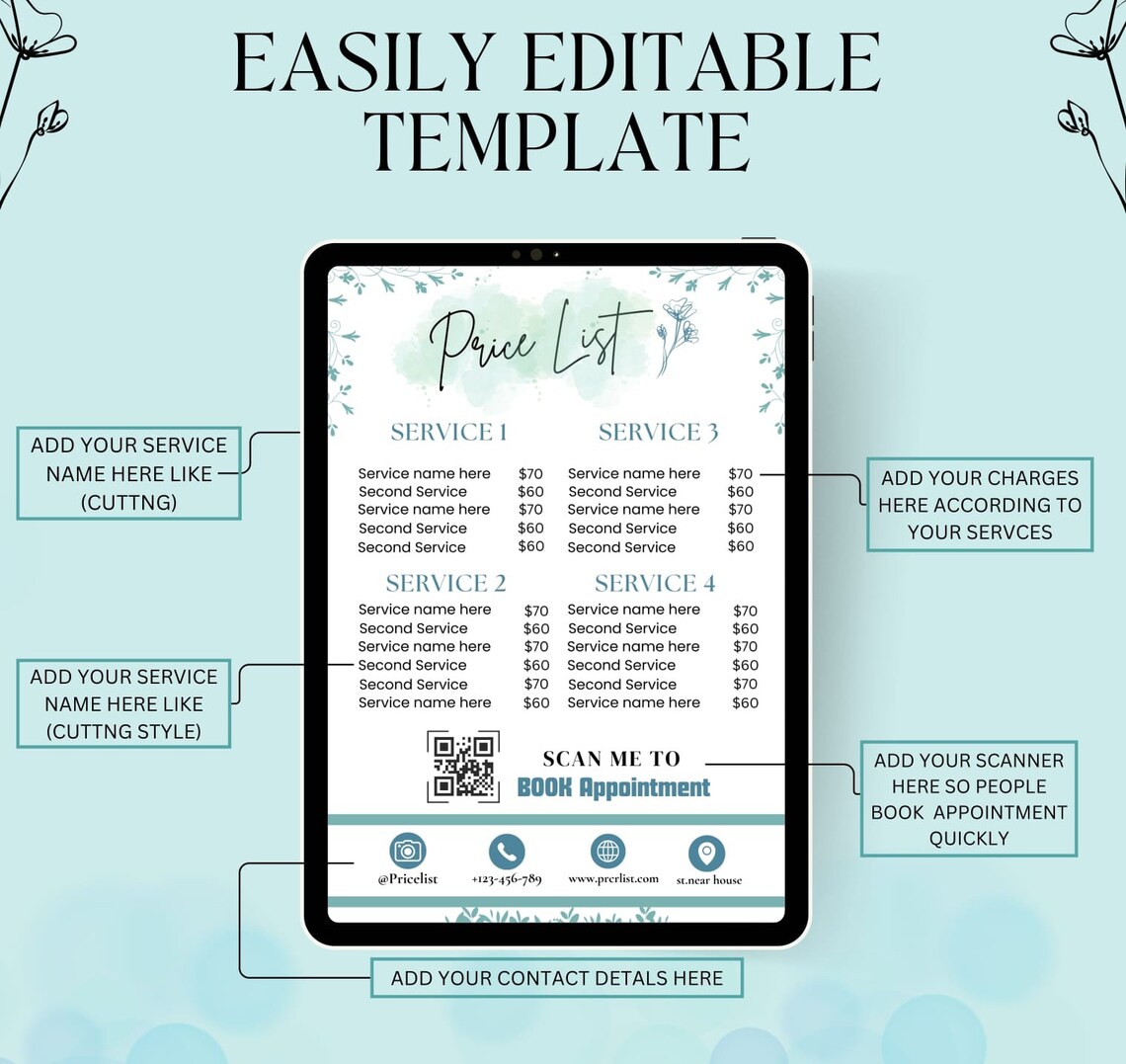 Editable Price List Template, Scan to Pay, Printable Price List, QR ...