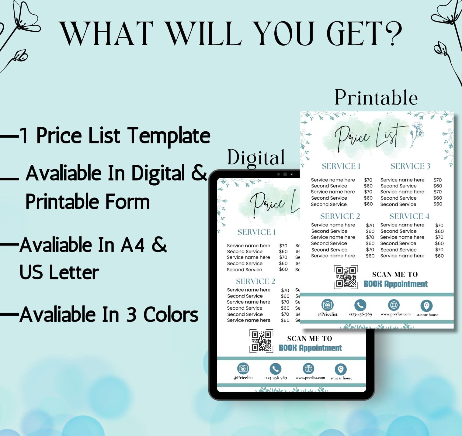 Editable Price List Template, Scan to Pay, Printable Price List, QR ...