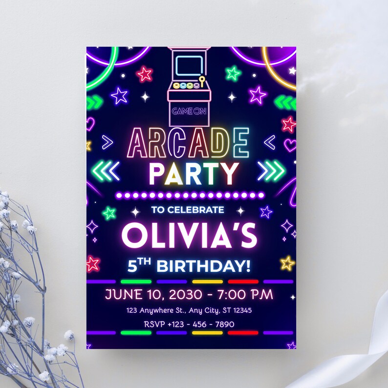 Neon Arcade Birthday Invitation Template, Gamer Party (digital Download ...