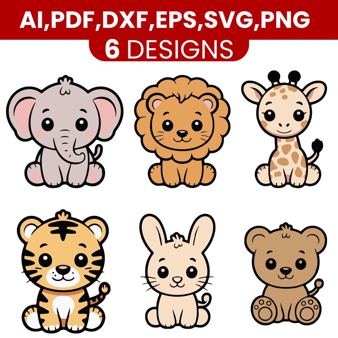 6 Cute Baby Animals SVG Bundle, Safari Jungle Clipart, Kawaii PNG ...