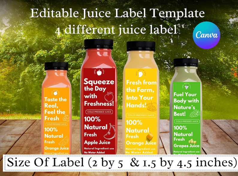 Editable Juice Bottle Label Template, Fresh Juice, Apple, Mango, Grape ...