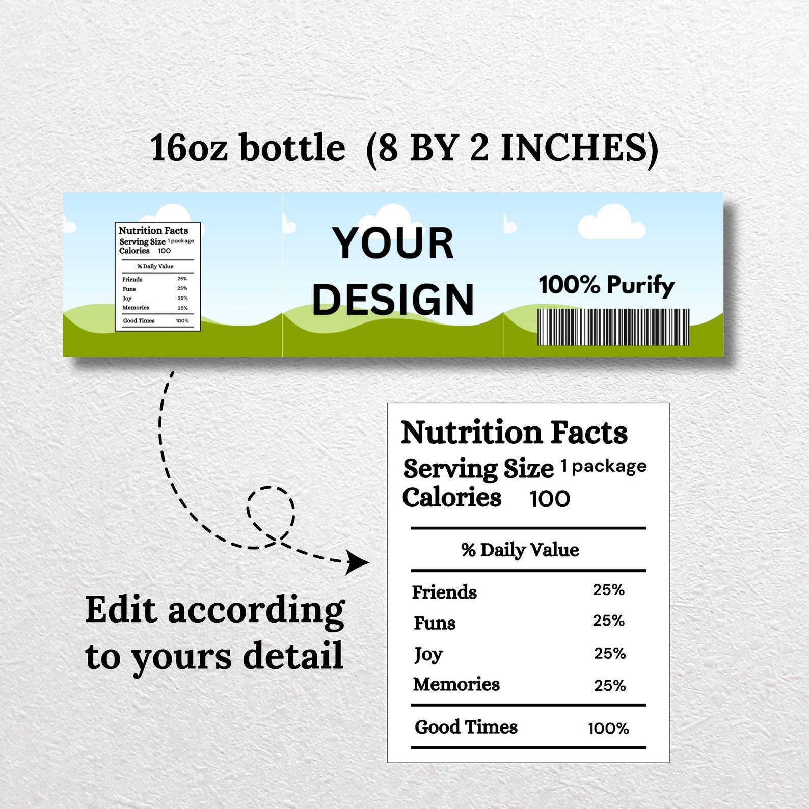 8oz Water Bottle Label Template, 16oz Bottle Label, Water Bottle Label ...