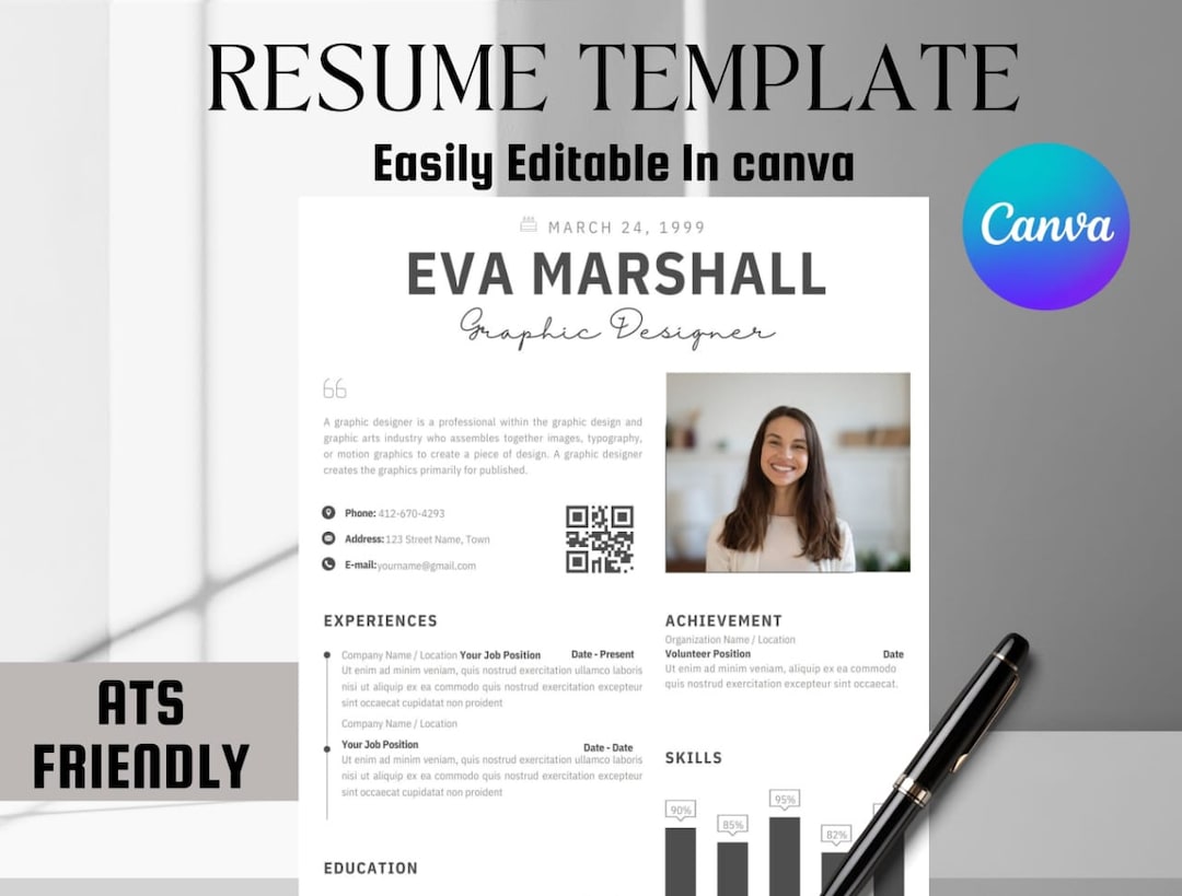 ATS Friendly Resume Template for Canva, CV Template, Cover Letter, QR ...