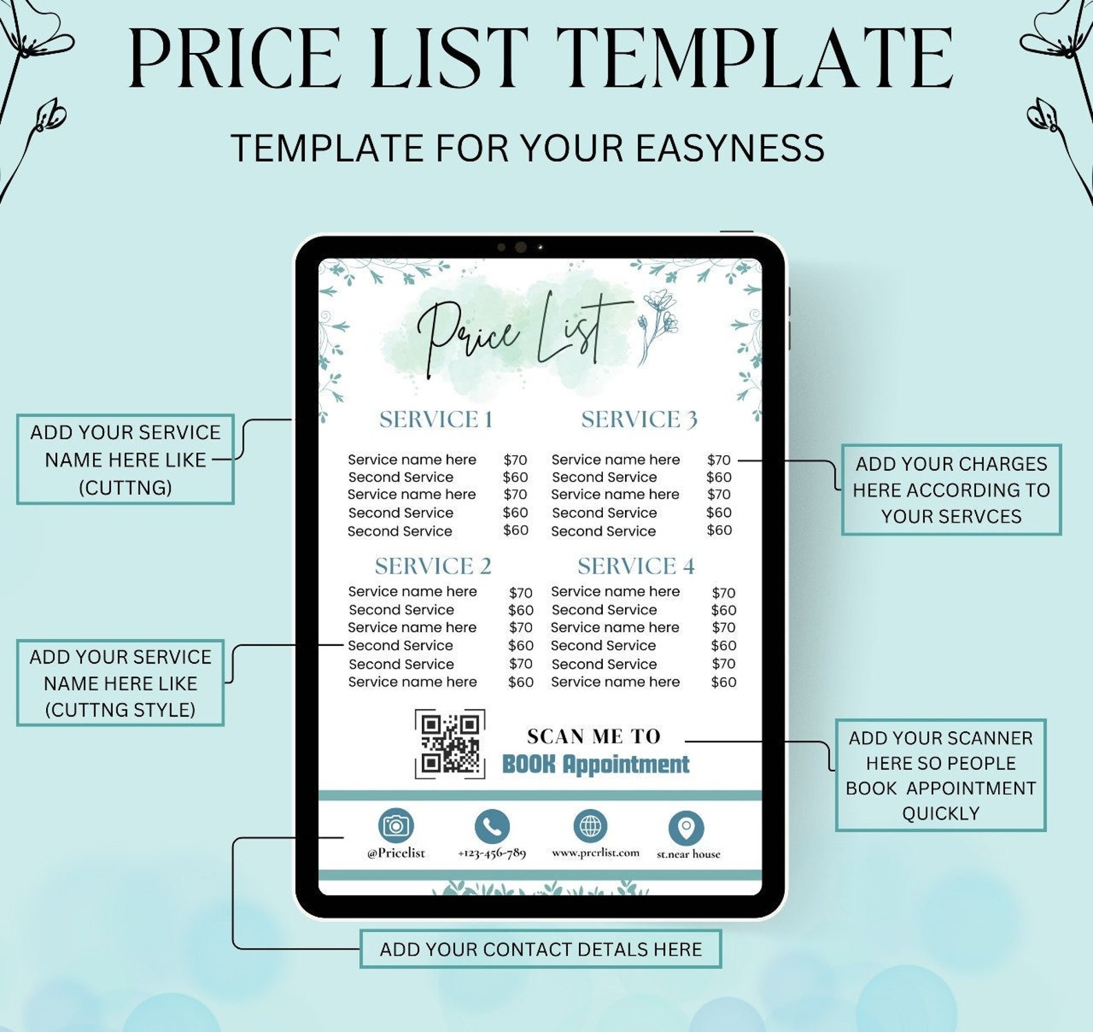Editable Price List Template, Printable Price List, QR Code Sign, Hair ...