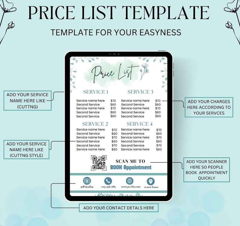 Editable Price List Template, Printable Price List, QR Code Sign, Hair ...