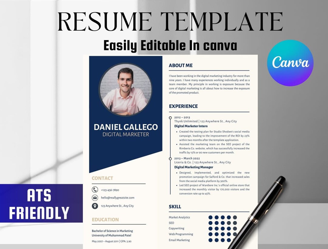 Modelo de currículo amigável ATS para Canva, modelo de currículo ...