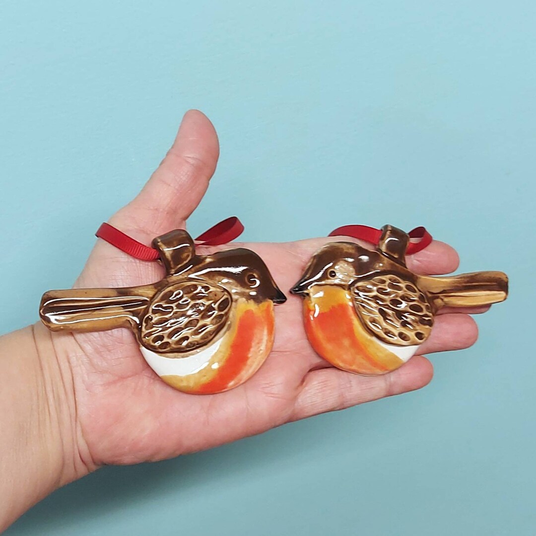 2 Hanging Ceramic Robins With Red Ribbon, Hand-made Christmas Tree ...