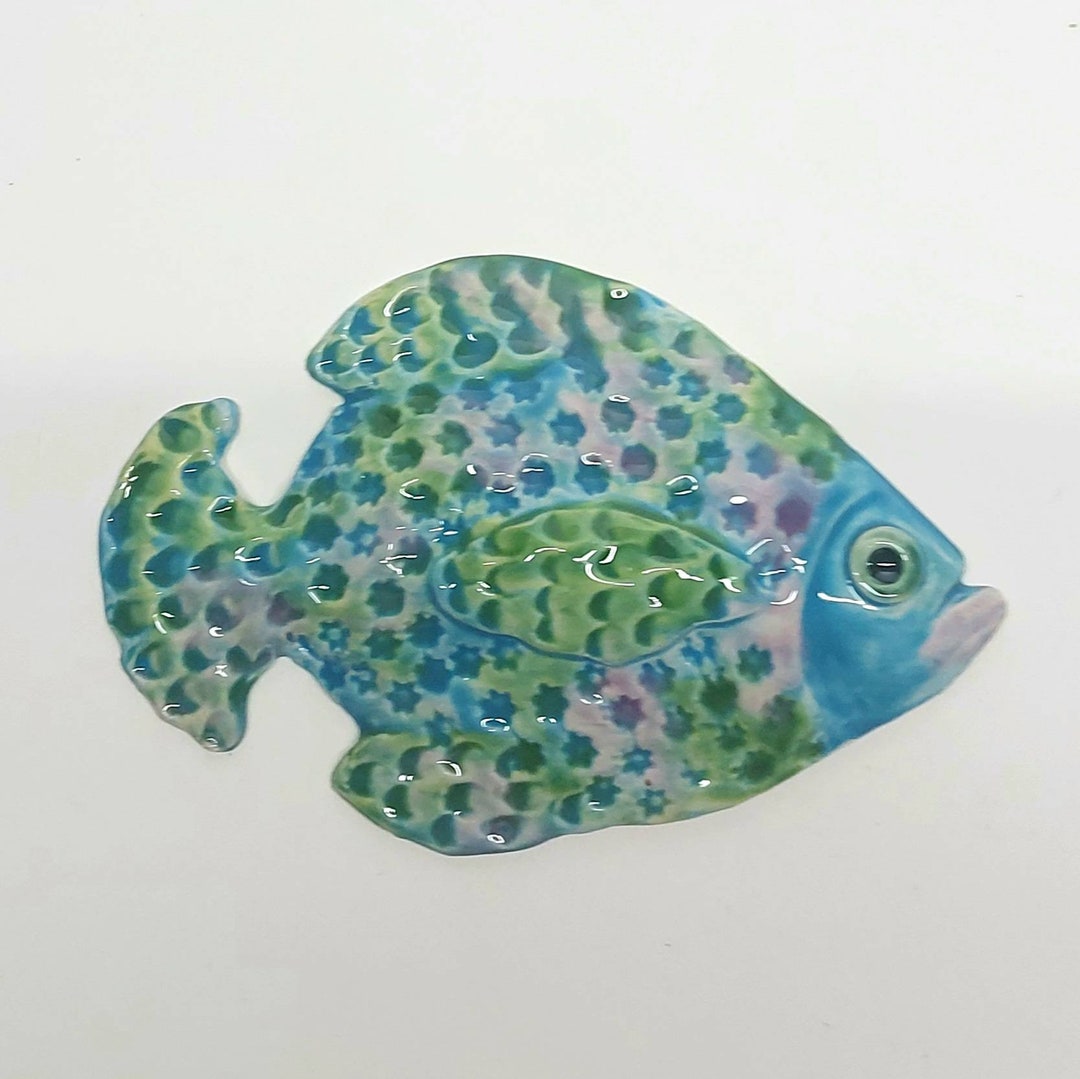Blue Wall Hanging Ceramic Coral Reef Fish, Pottery Fish Bathroom Wall ...