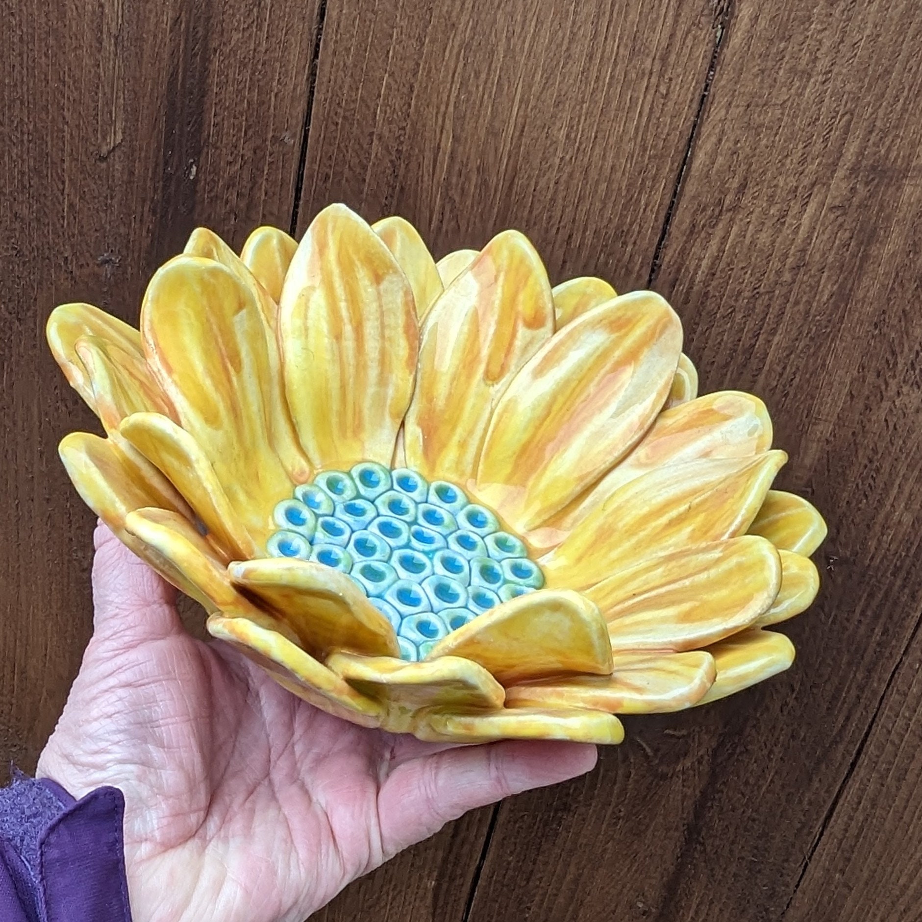 Ceramic Sun Flower Bowl, Yellow Stoneware Sun Flower Dish, Pottery ...