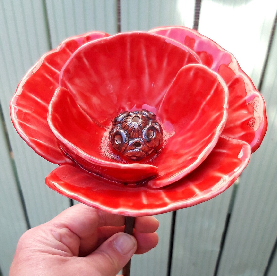 Red Ceramic Poppy Flower. Floral Garden Decoration. Pottery Garden Art ...