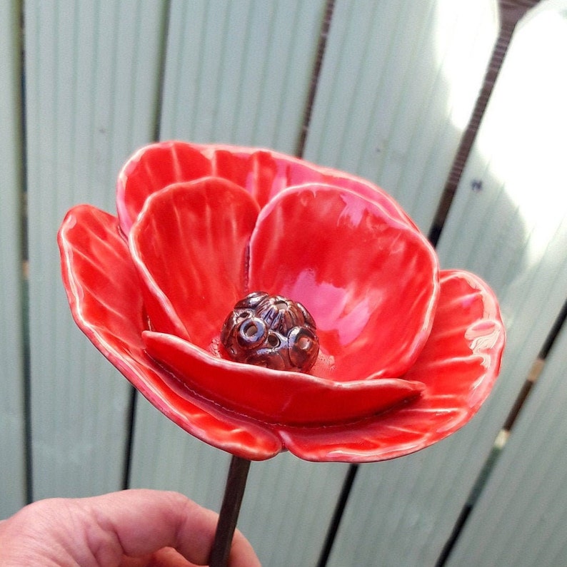 Red Ceramic Poppy Flower. Floral Garden Decoration. Pottery Garden Art ...