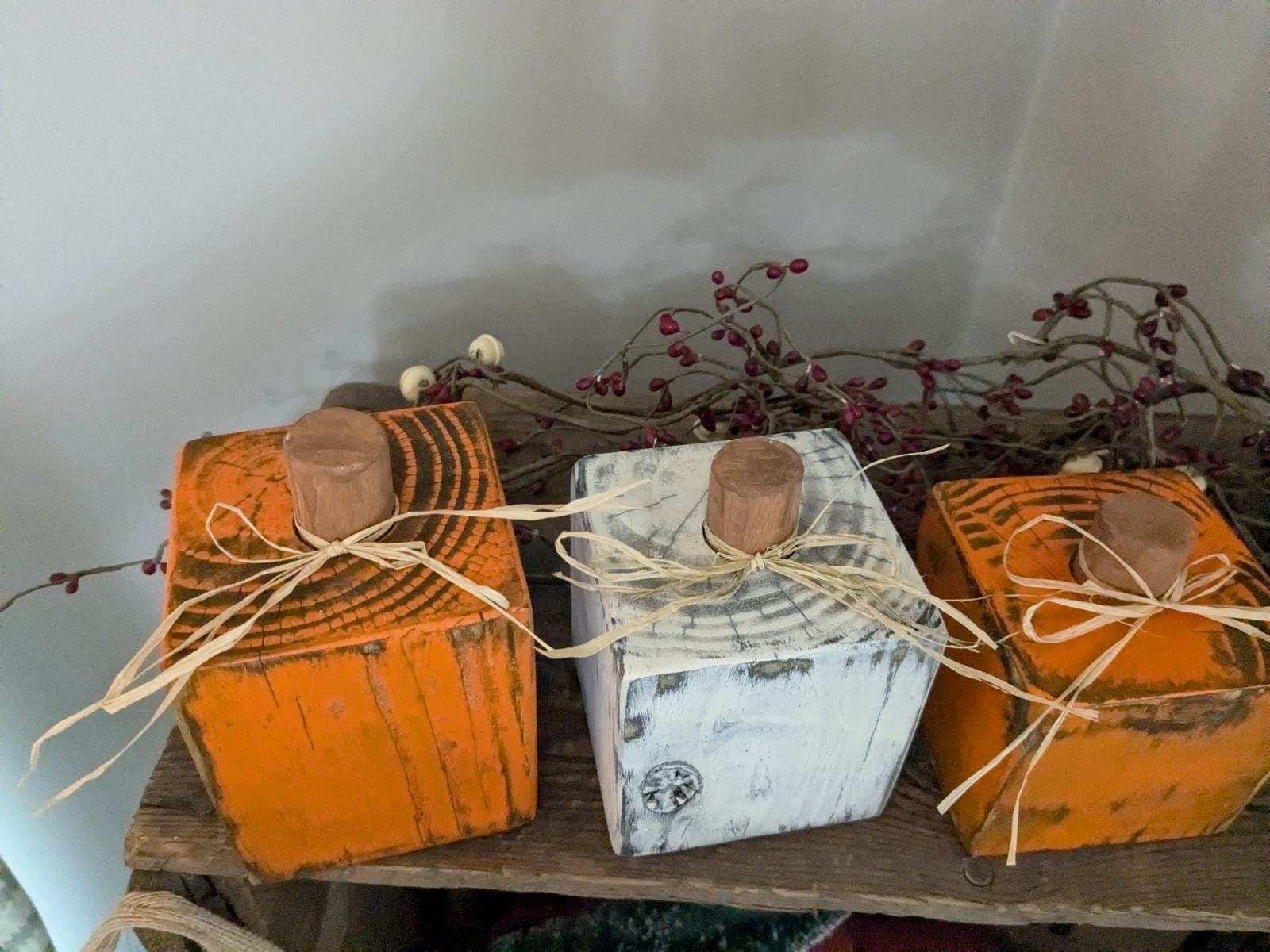 Wooden Block Pumpkins, Wooden Decor, Halloween, Handmade, Fall Decor ...