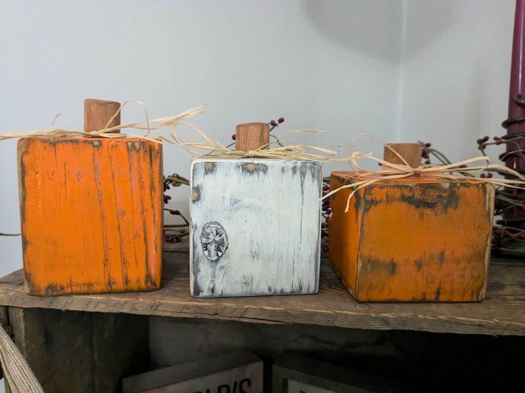Wooden Block Pumpkins, Wooden Decor, Halloween, Handmade, Fall Decor ...