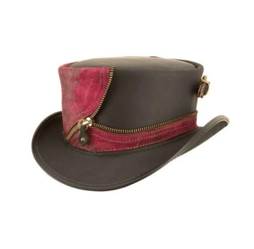 Handcrafted Black & Red Leather Top Hat, Zipper Style Hat , Western ...