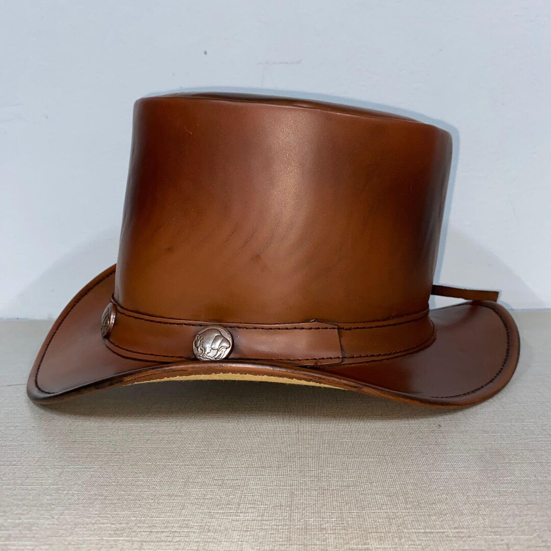 Handmade Brown Leather Top Hat Bull Button Band Steampunk Style 100% ...