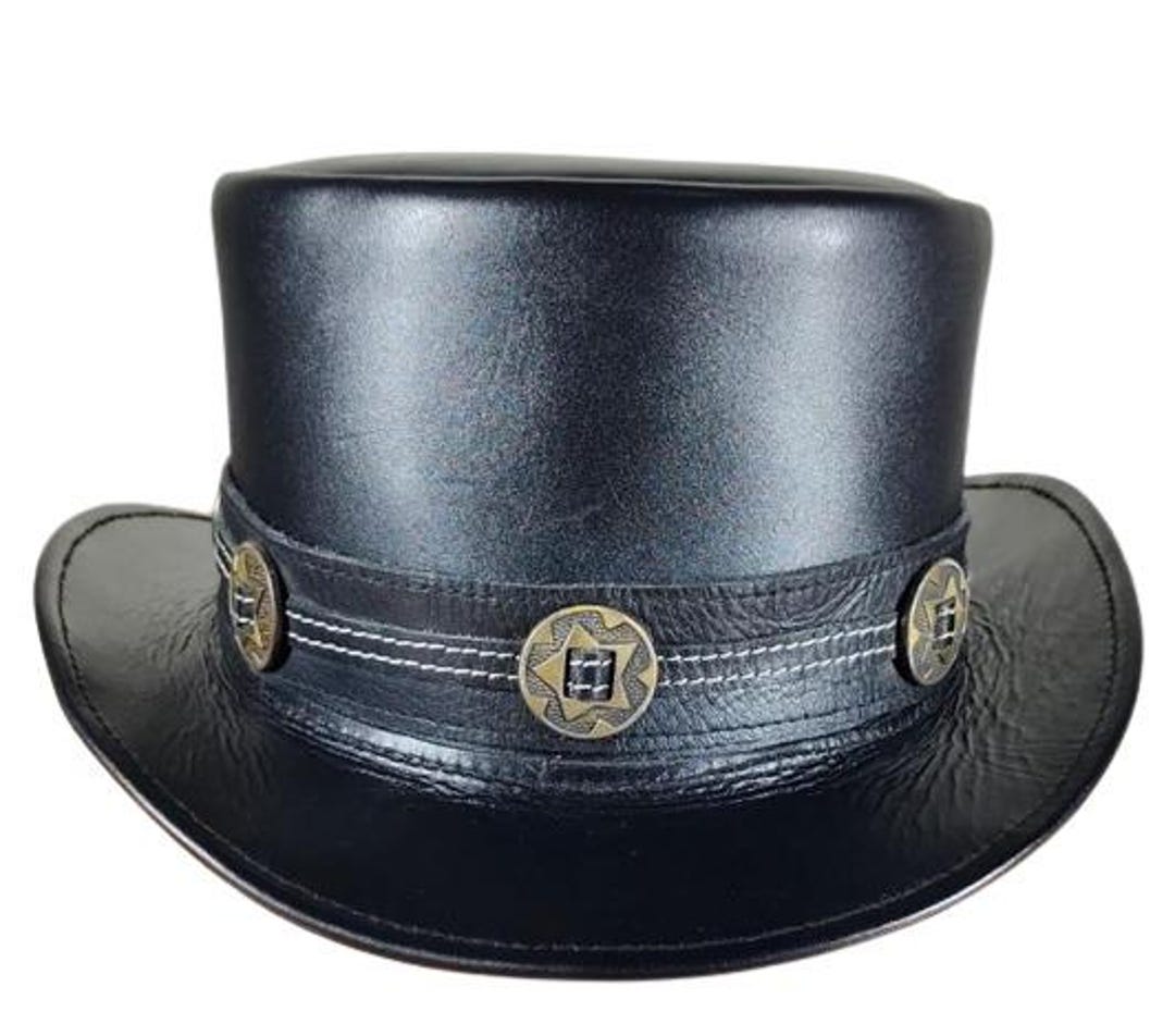Handcrafted Black Leather Top Hat, Band With Rustic Star Conchos ...
