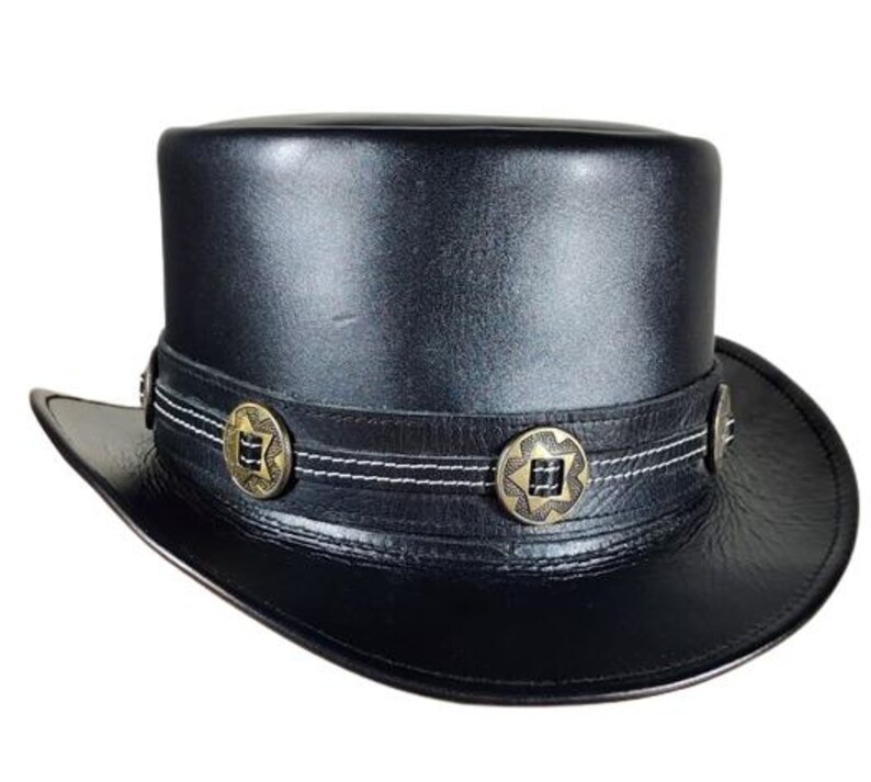 Handcrafted Black Leather Top Hat, Band With Rustic Star Conchos ...