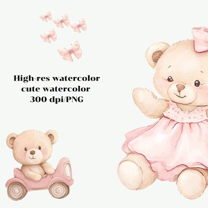 Pink Teddy Bear Watercolor Clipart | Cute Baby Collection | 300 DPI PNG ...