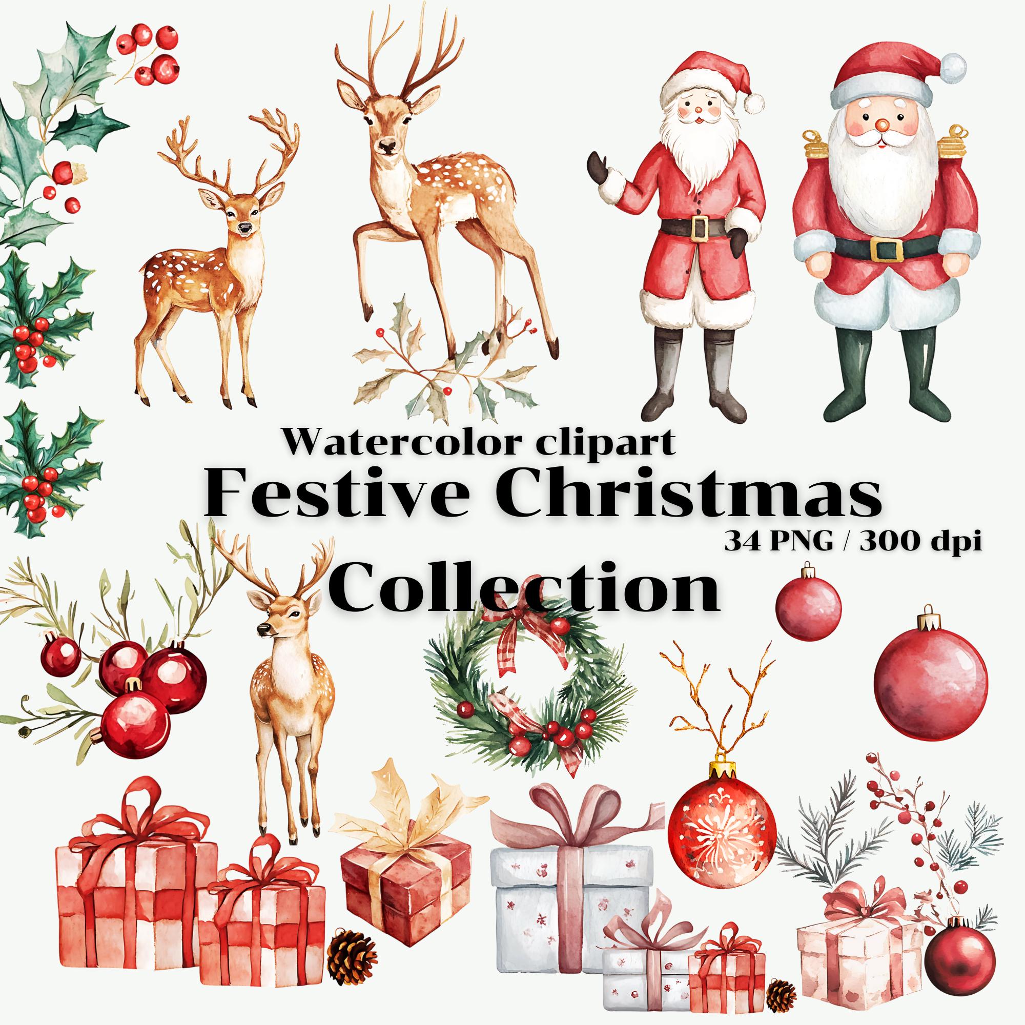 Festive Christmas Watercolor Clipart | High-res | Cute Designs | 300 ...