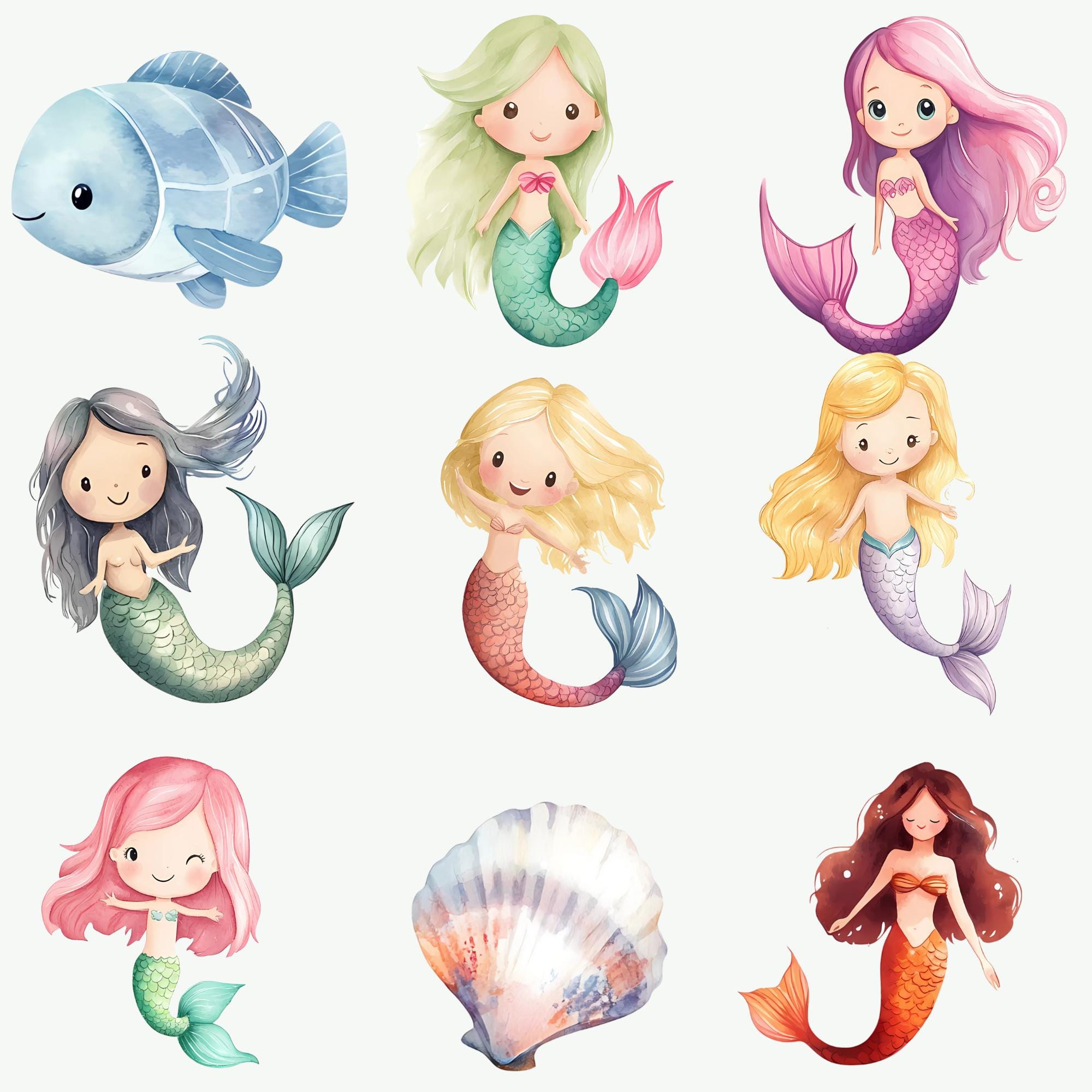 Watercolor Mermaid Clipart Set - Watercolor Clipart | Cute Baby ...