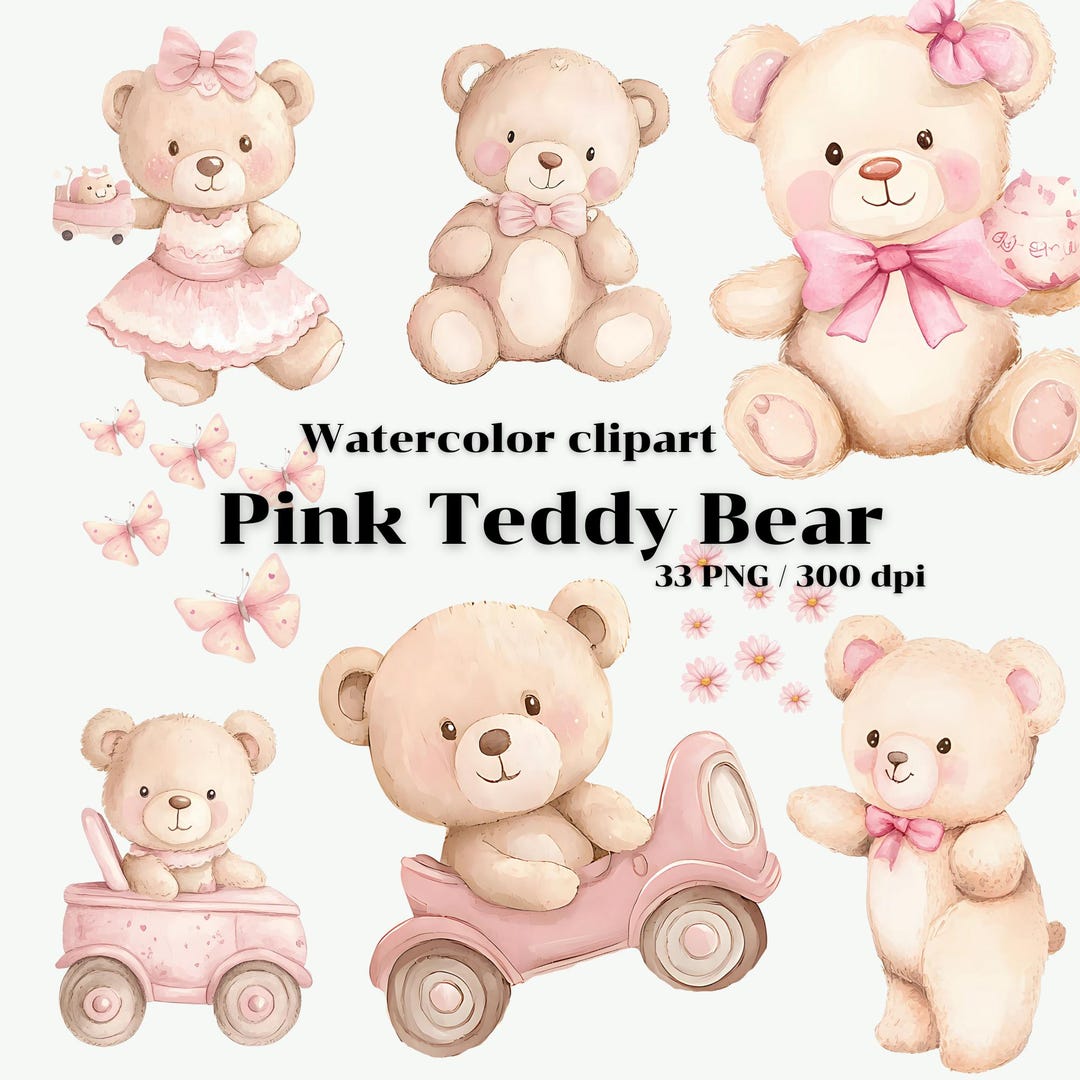Pink Teddy Bear Watercolor Clipart | Cute Baby Collection | 300 DPI PNG ...