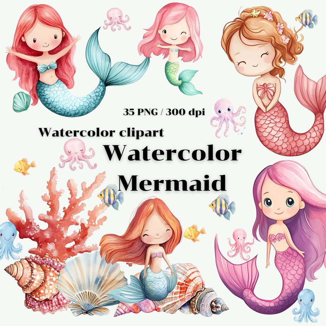 Watercolor Mermaid Clipart Set - Watercolor Clipart | Cute Baby ...