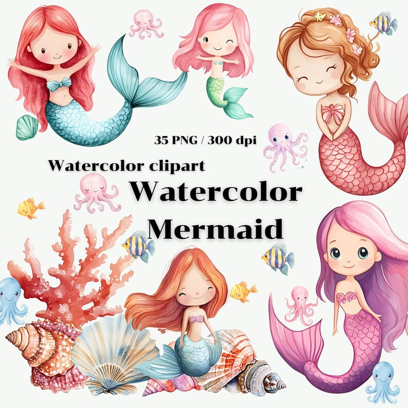 Watercolor Mermaid Clipart Set - Watercolor Clipart | Cute Baby ...