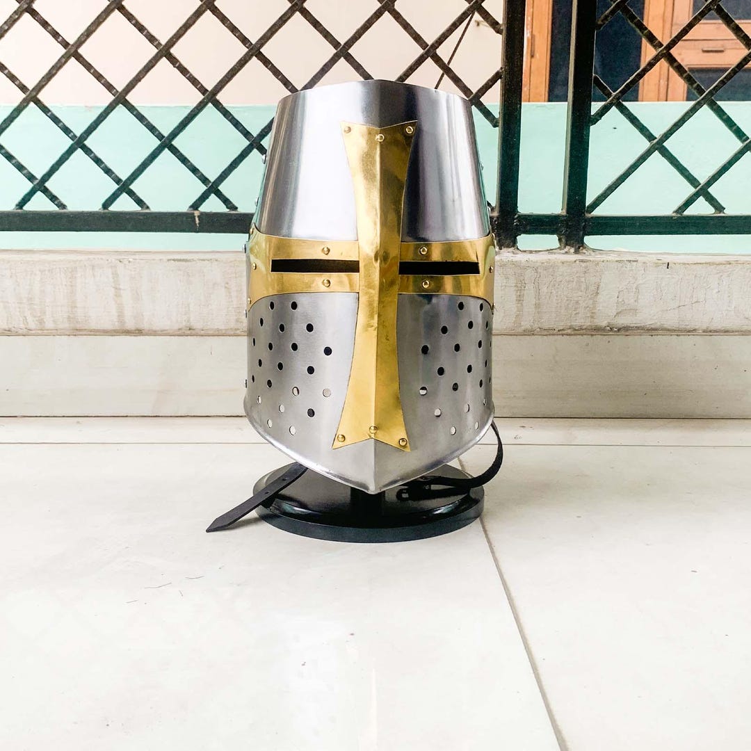 Medieval Knight Templar Helmet, Brass Cross Crusader Metal Helmets ...