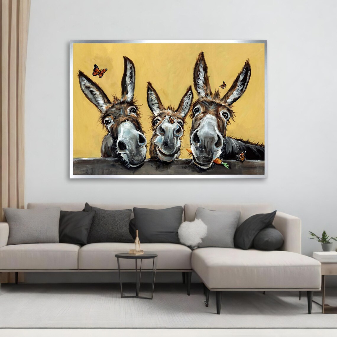 Funny Donkey Canvas Wall Art - Whimsical Farm Animal Painting, Rustic ...