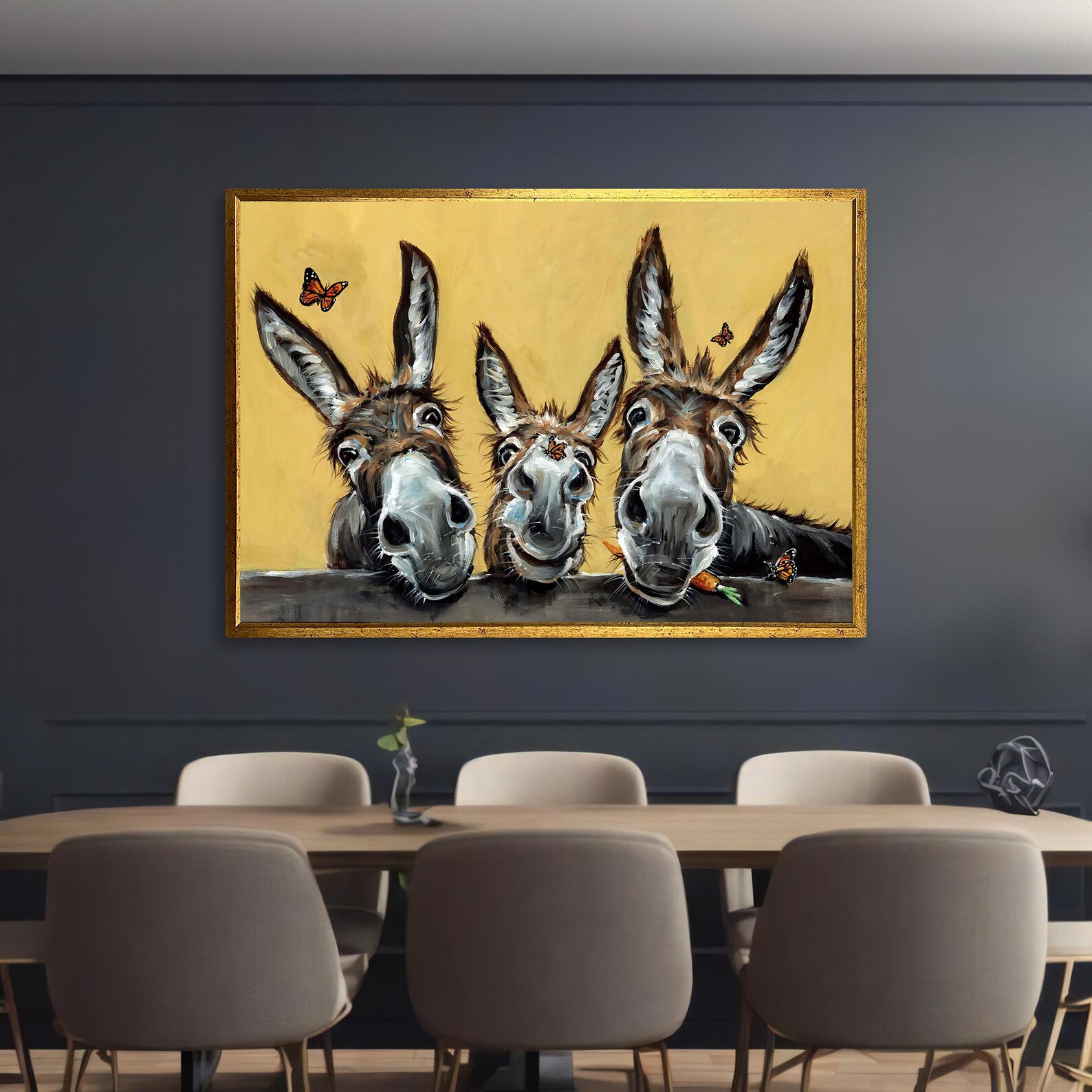Funny Donkey Canvas Wall Art - Whimsical Farm Animal Painting, Rustic ...