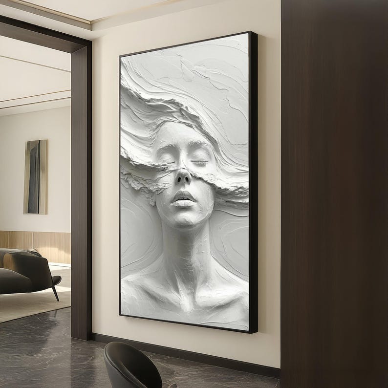 Abstract Woman Face Sculpture Canvas, Effect Wall Art, Modern White ...