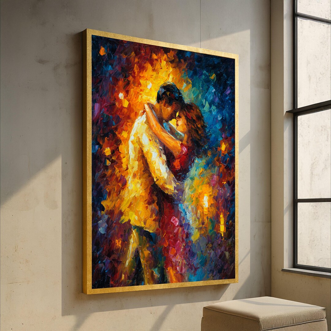 Romantic Embrace Painting, Couple in Love Canvas Art, Colorful Abstract ...