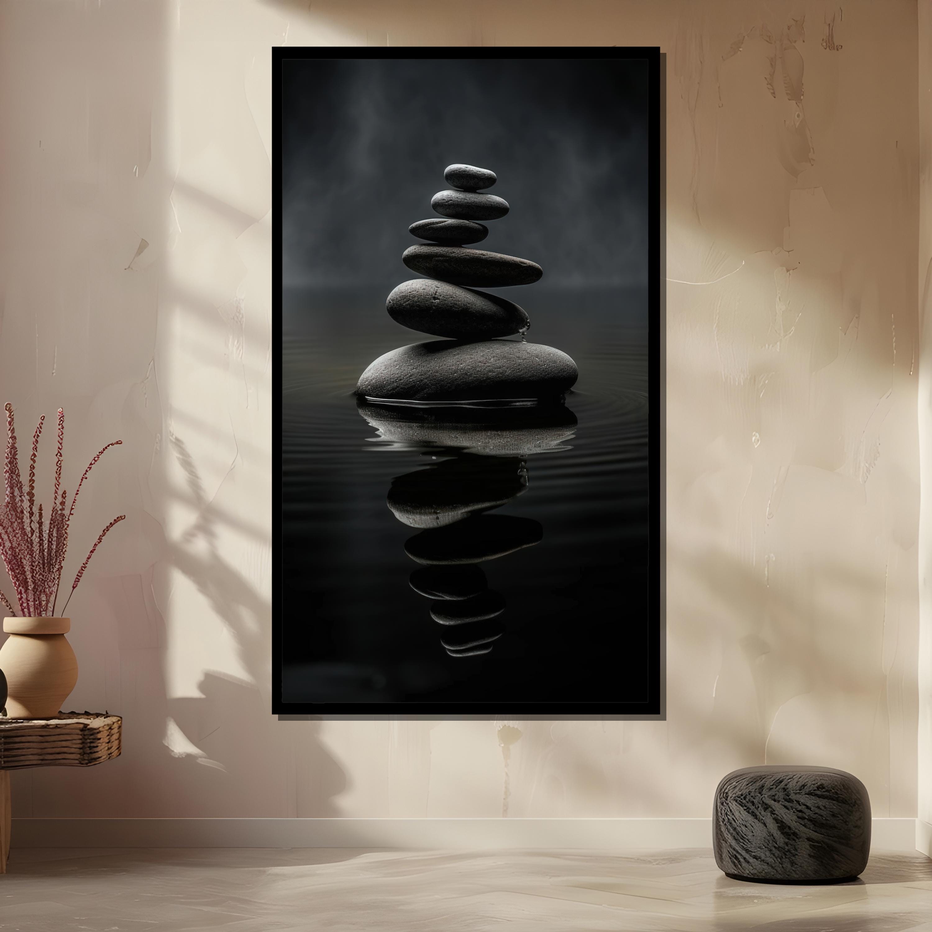 Dark Zen Stones Wall Art - Minimalist Black and Grey Balance Rocks ...