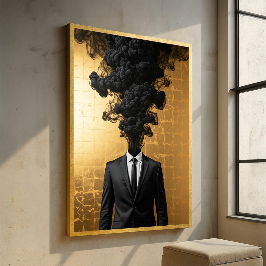 Surreal Man in Suit With Black Smoke Head Canvas, Abstract Wall Art ...