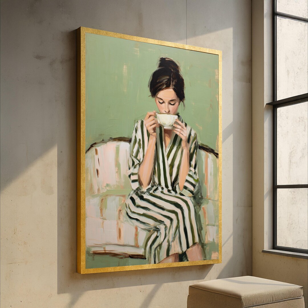 Elegant Woman in Striped Robe Canvas, Cozy Tea Time Wall Art, Modern ...