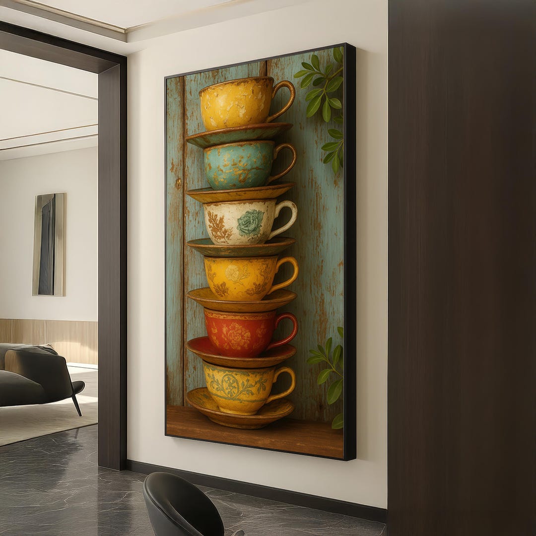 Rustic Vintage Teacup Stack – Colorful Country Style Wall Art Print for ...