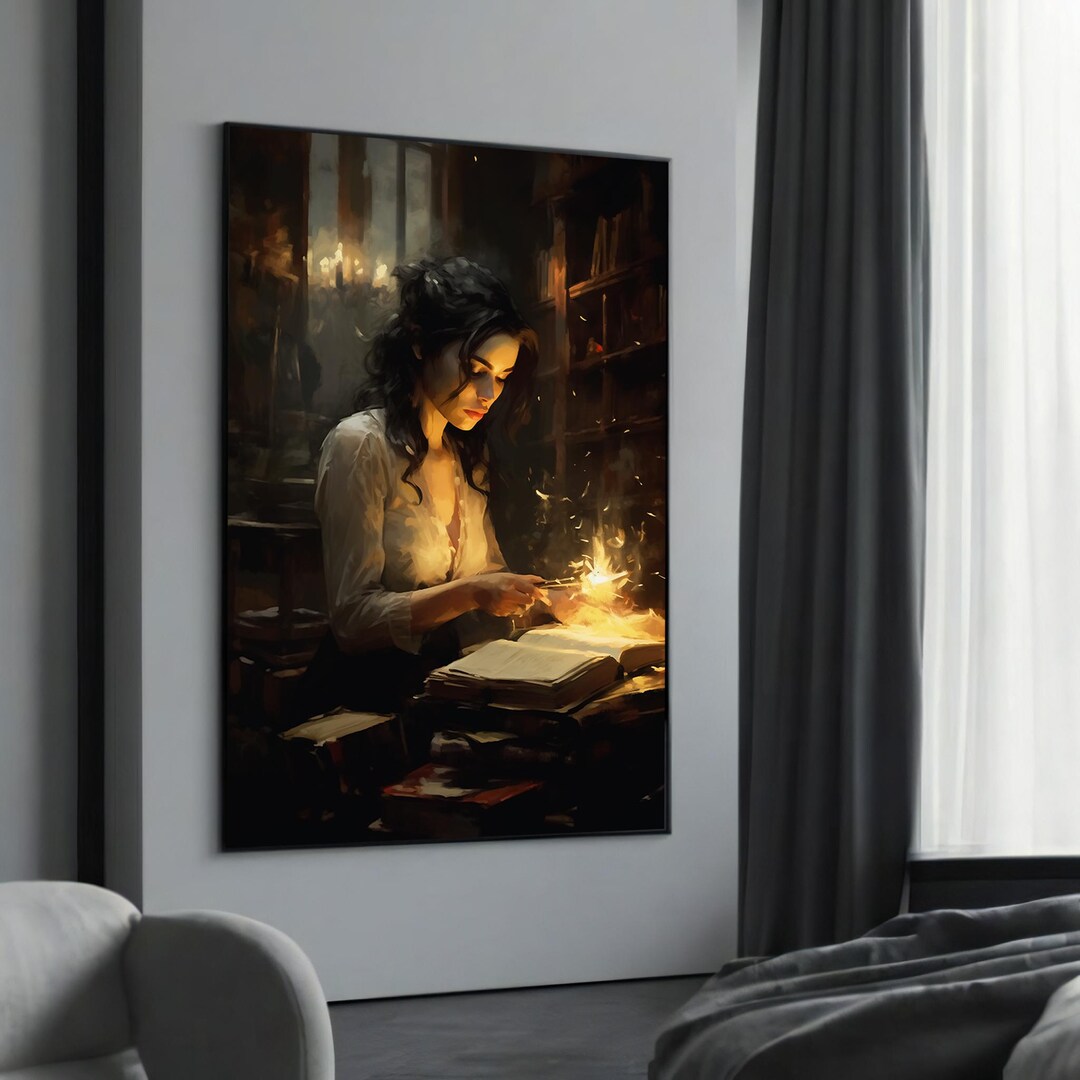 Magical Library Canvas - Mysterious Woman Reading With Glowing Light ...