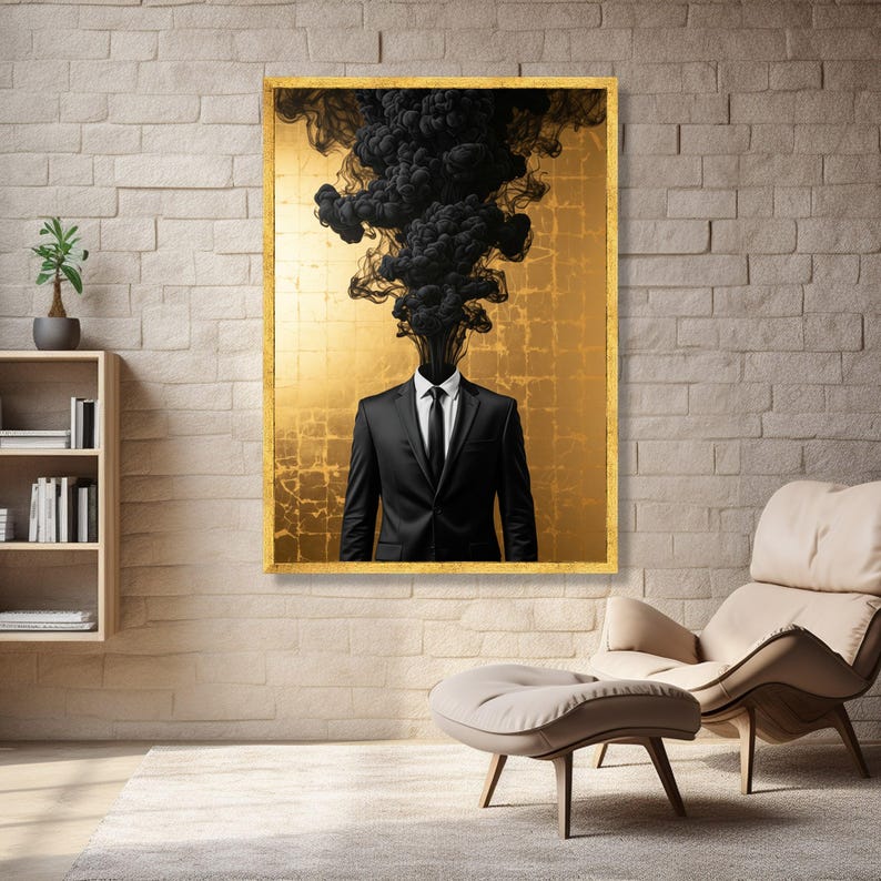 Surreal Man in Suit With Black Smoke Head Canvas, Abstract Wall Art ...
