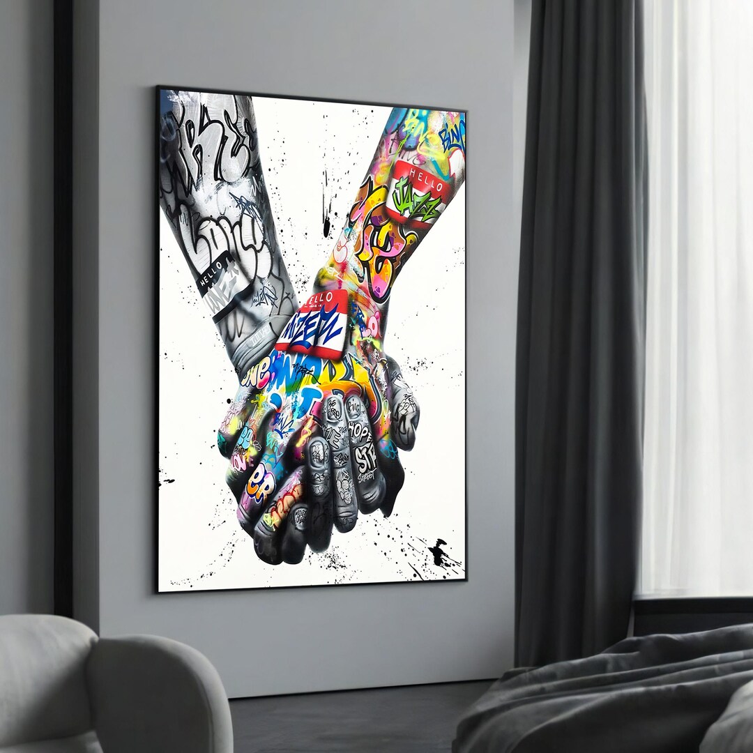 Graffiti Holding Hands Canvas Painting – Bold Urban Art Celebrating ...