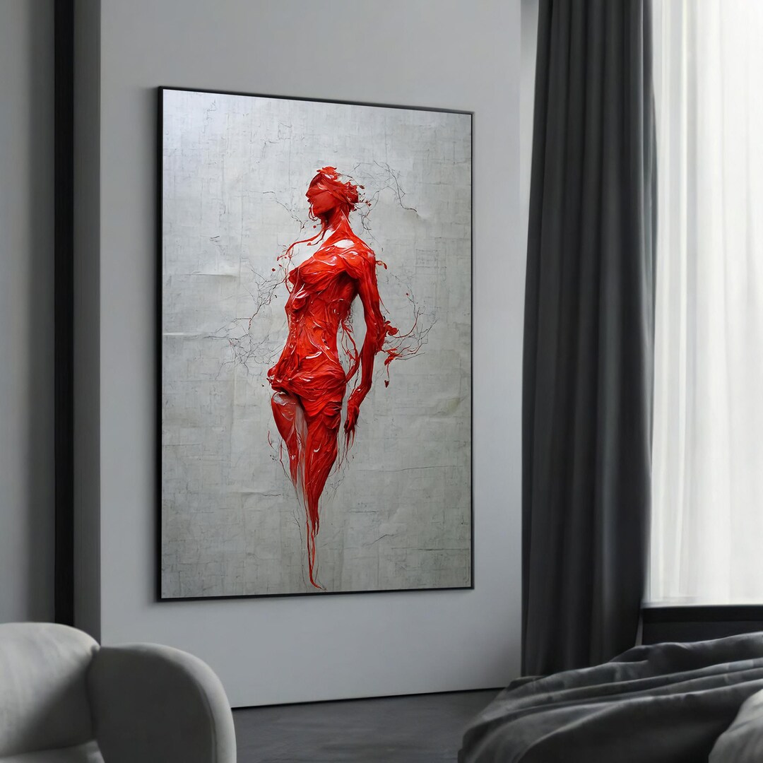 Abstract Red Woman Canvas Painting, Modern Dripping Figure Art, Bold ...