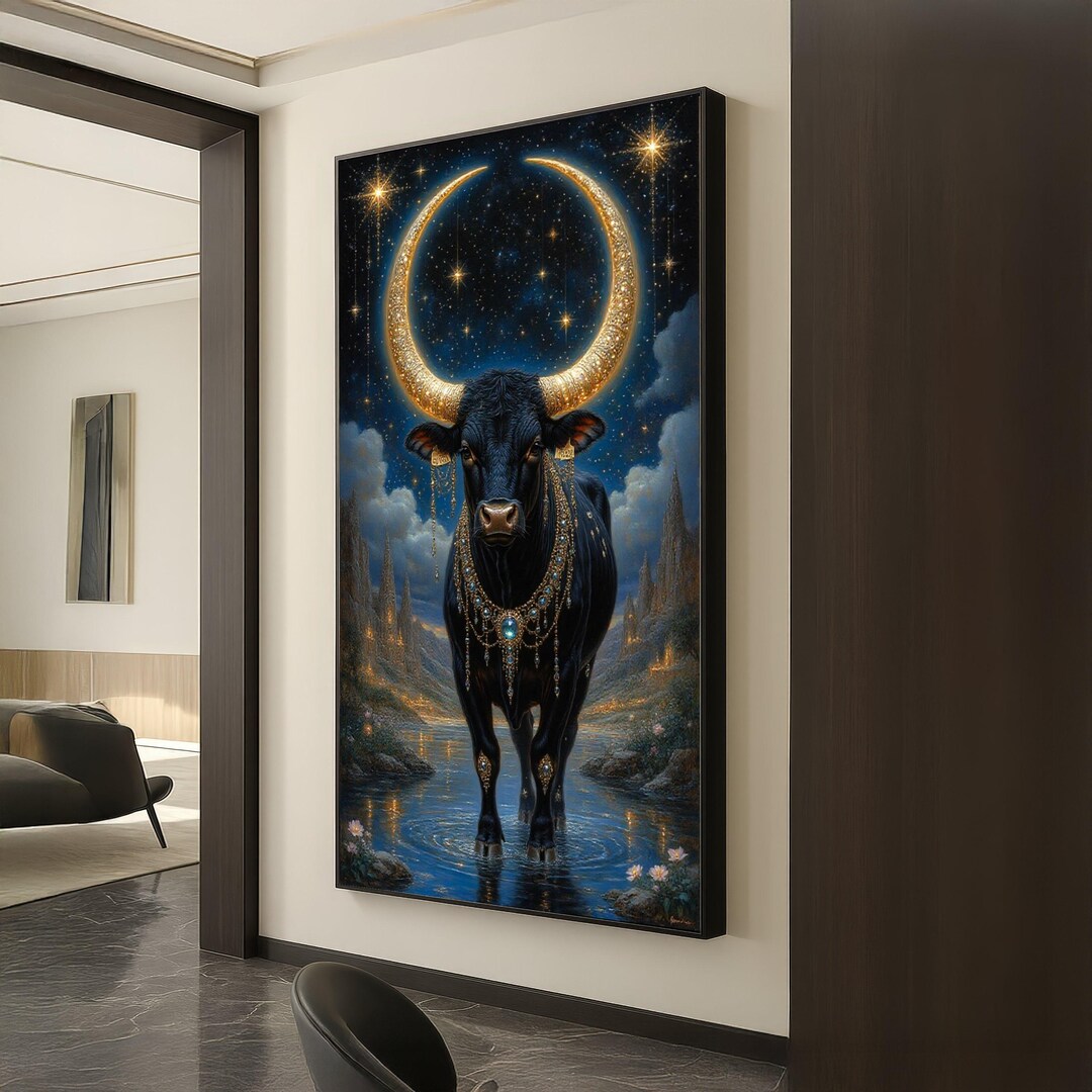 Majestic Black Bull With Golden Crescent Horns, Celestial Night Sky ...