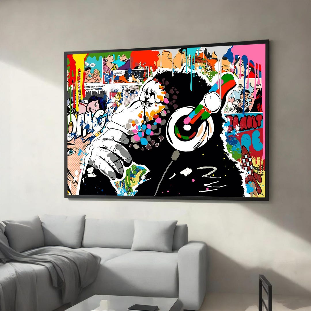 Pop Art Monkey With Headphones Canvas Painting – Vibrant Graffiti ...
