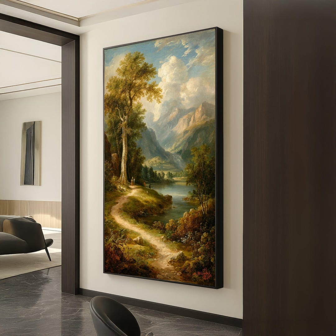 Serene Mountain Landscape Canvas, River Pathway Wall Art, Classic ...