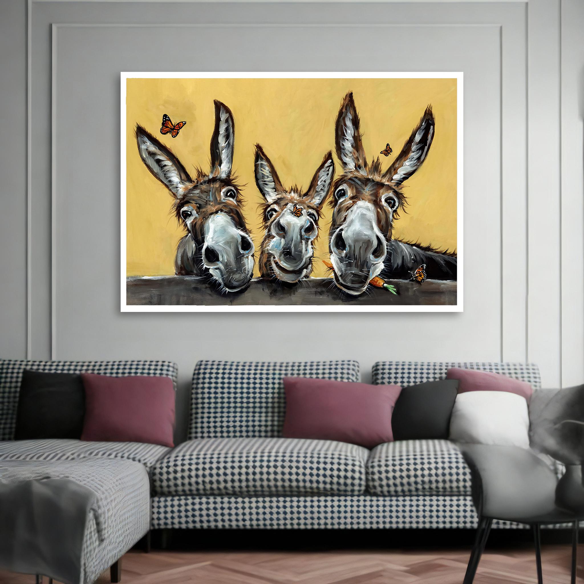 Funny Donkey Canvas Wall Art - Whimsical Farm Animal Painting, Rustic ...