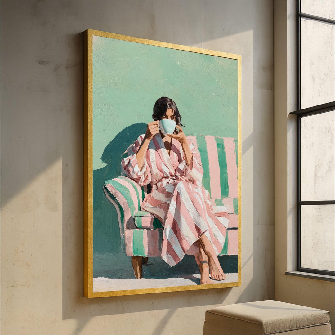 Stylish Woman Relaxing on Striped Couch Canvas, Morning Coffee Wall Art ...