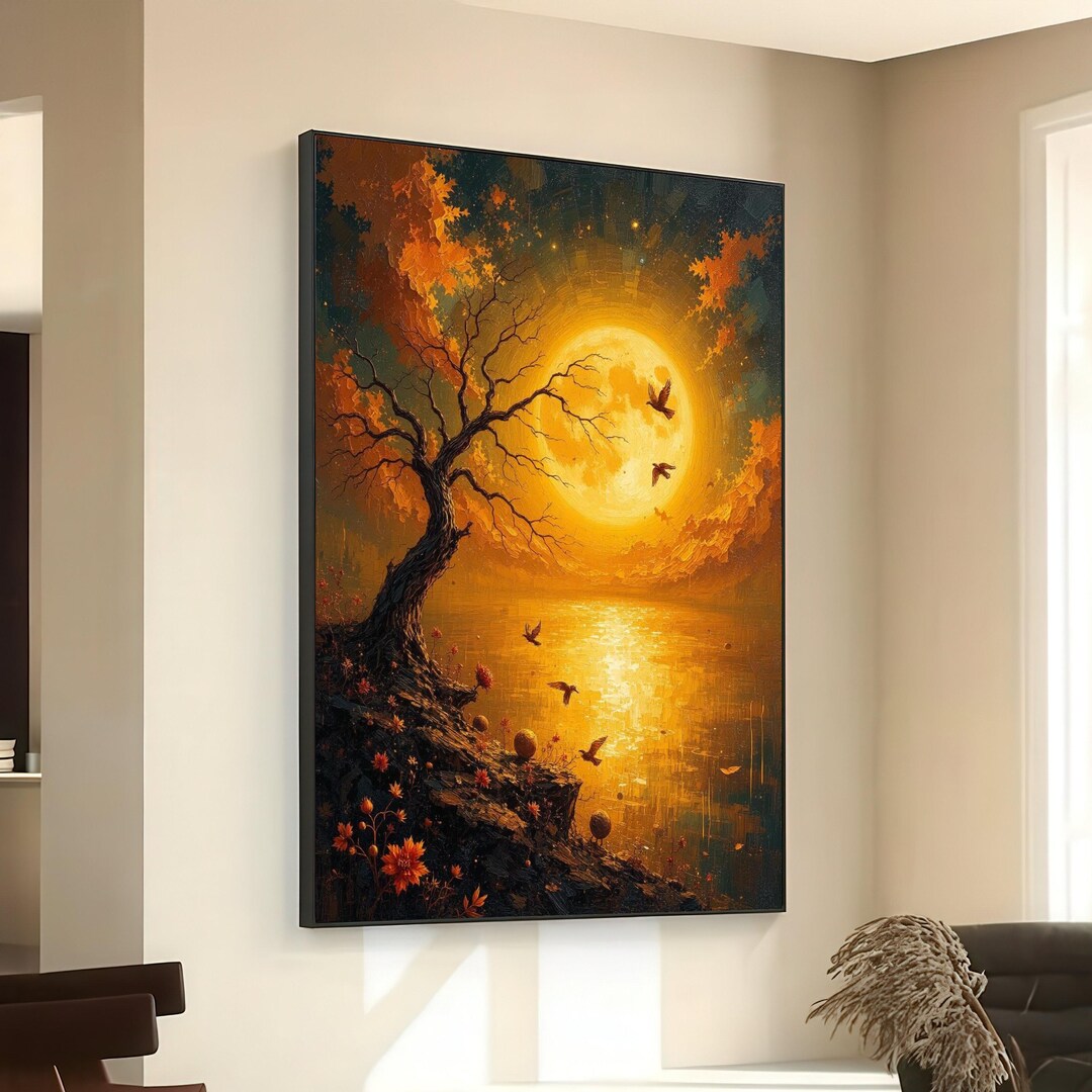 Golden Autumn Moon, Tranquil Lake Canvas, Birds Flying Wall Art, Fall ...