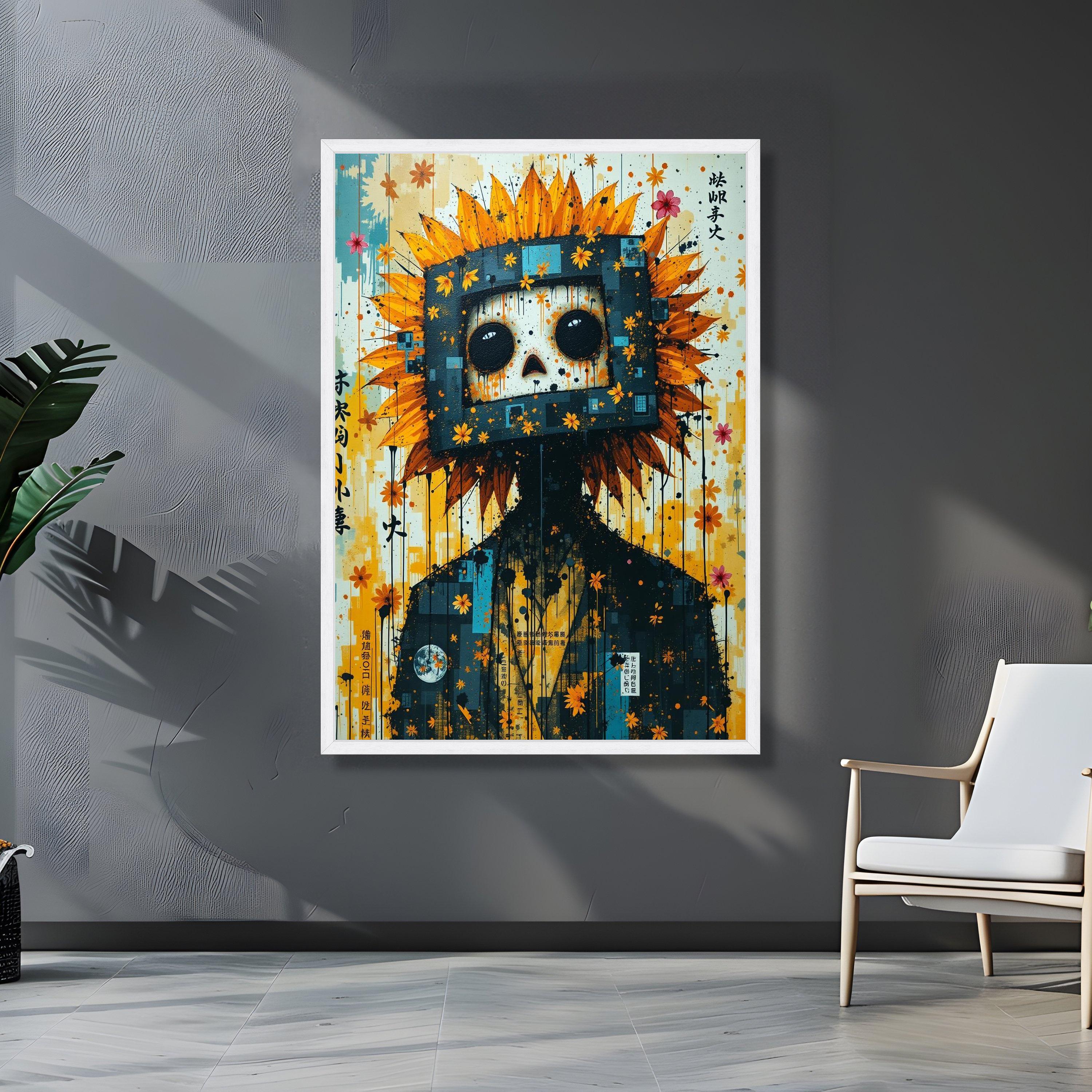 Modern Skull Face With Sunflower Crown Canvas, Urban Abstract Wall Art ...