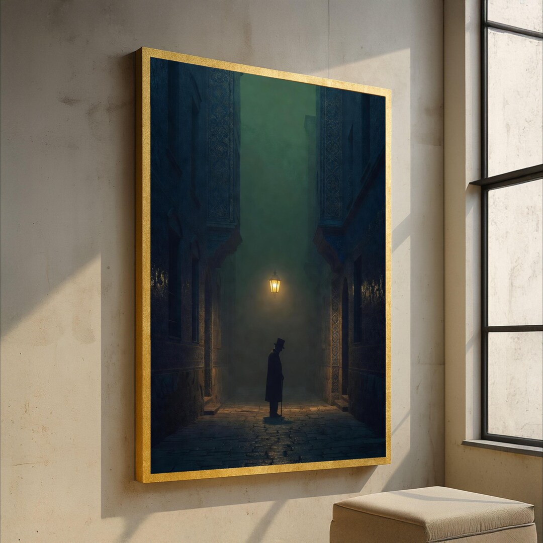 Vintage Victorian Street Scene, Man With Top Hat Canvas, Dim Lantern ...