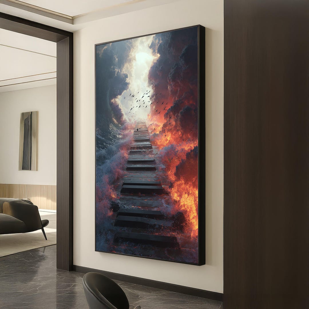 Surreal Piano Keys Pathway, Fire and Water Canvas, Dramatic Sky Wall ...