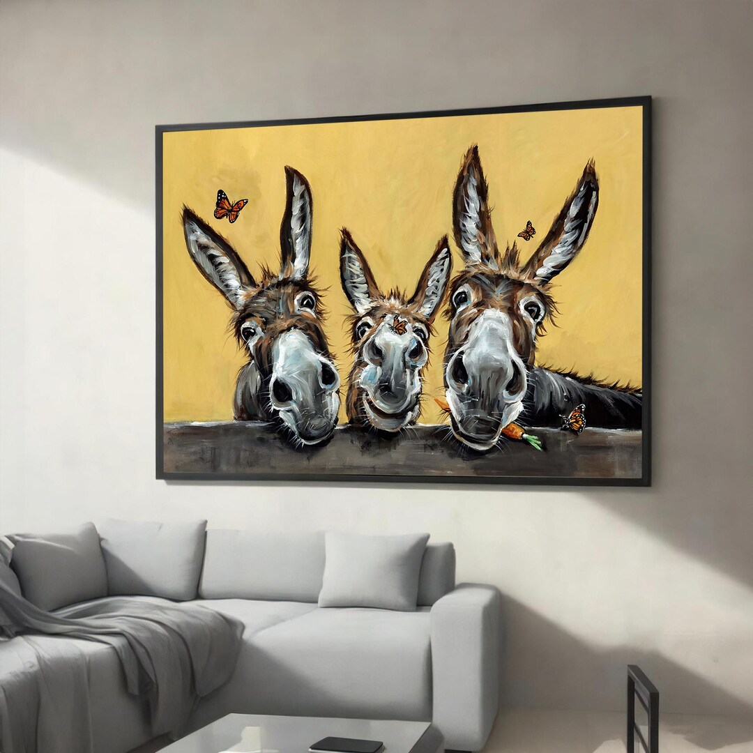Funny Donkey Canvas Wall Art - Whimsical Farm Animal Painting, Rustic ...
